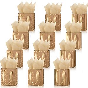 Tenare 12 Pcs Small Gift Bags, Mini Metallic Paper Bags with Handle Tag and Tissue, Wrap Bag for Father's Day Graduation Wedding Baby Shower Birthday Party(Brown Gold, 4 x 2.75 x 4.5 Inch)