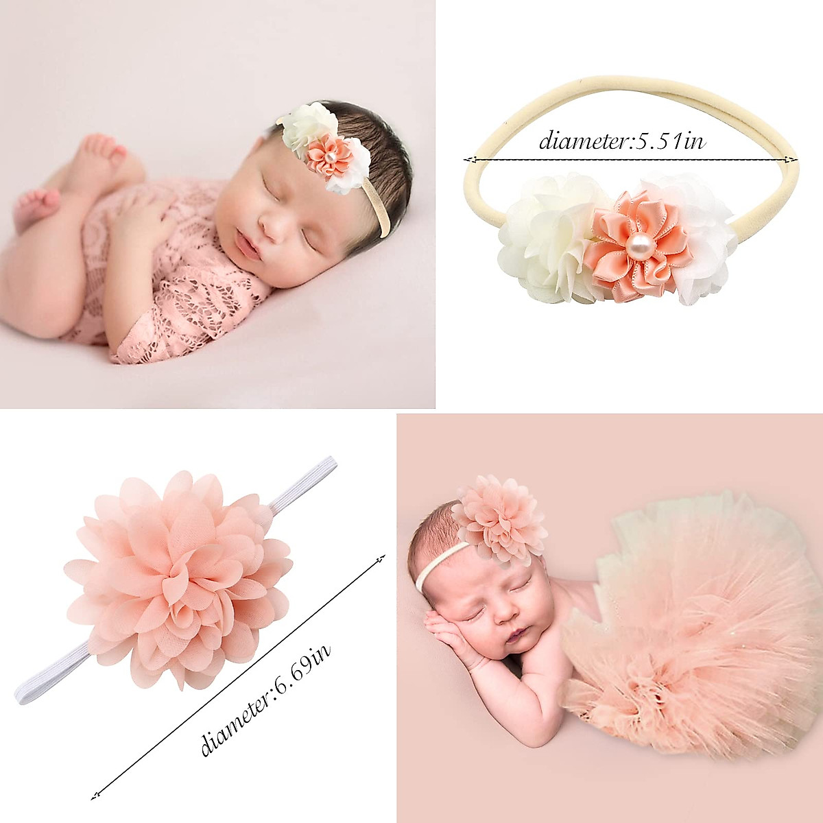 SPOKKI 4 PCS Newborn Photography Props Outfits-BabyTutu Skirt Cute Bow Headdress and Lace Rompers Flower Headband Sets for Infants Girl Boy