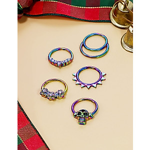 Vsnnsns 16G Septum Rings Piercing Jewelry Skull Septum Jewelry CZ Clicker Ring Stainless Steel flower Septum Hinged Segment Nose Rings Hoop Piercing Jewelry for Men Women 10mm 5pcs Rainbow