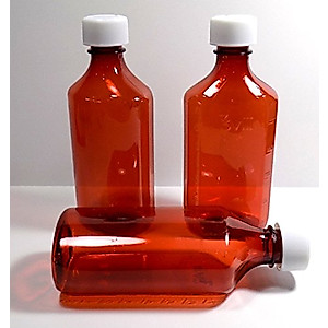 Graduated Oval Plastic 16 Ounce Amber RX Medicine Bottle with Child-Resistant Caps 12 Pack BPA-Free Pharmaceutical Grade Product