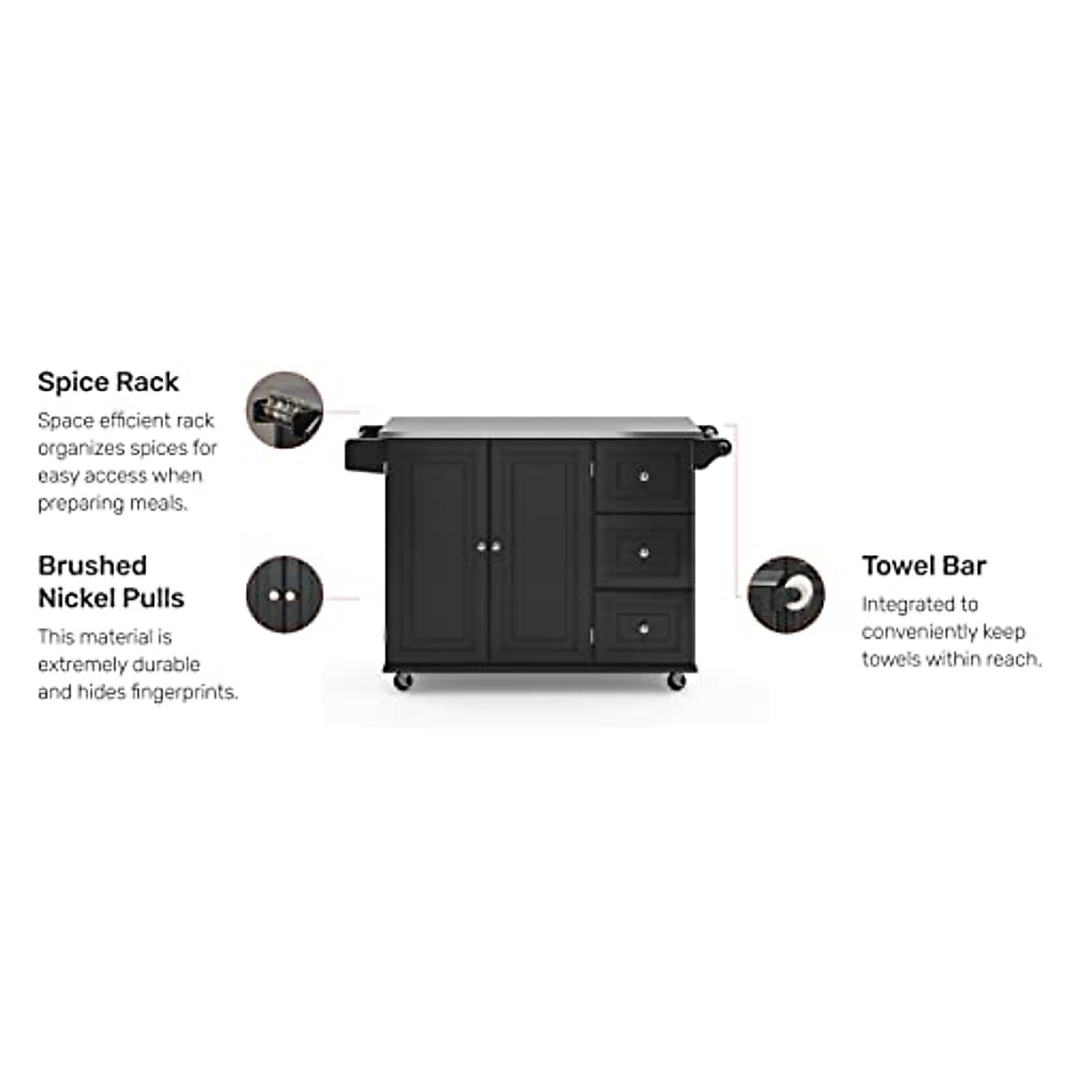 Homestyles Kitchen Cart with Stainless Steel Metal Top, Rolling Mobile Kitchen Island with Storage and Towel Rack, 54 Inch Width, Black