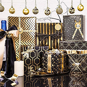 Larcenciel Gift Wrapping Paper Set, 6 Sheets Metallic Black Gold Foil Wrapping Paper w/Gift Bow & Sticker, Shiny Luxury Men Boys Gift Wraps for Birthday, Holiday, Graduation, Baby Shower, 27.5x19.6in