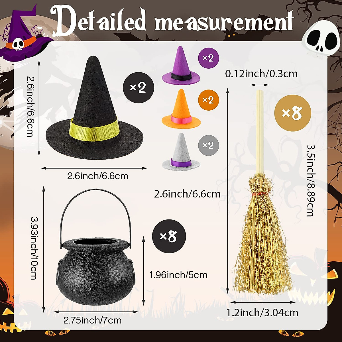 24 Pcs Halloween Mini Witch Hats, Mini Broom, Candy Cauldron Kettles, Halloween Decorations Witch Craft Miniatures Wizard Accessory, St Patrick's Day, Wizard Theme Party Decorations