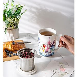 AmorArc Porcelain Tea Mug with Infuser and Lids, 18 Oz Tea Cup Strainer with Tea Bag Holder for Loose Leaf Tea, Tea Steeping Coffee Mug for House-warming Wedding Birthday Gift