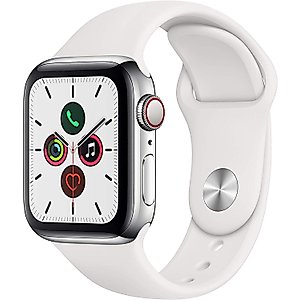 Apple Watch Series 5 (GPS + Cellular, 44MM) - Silver Stainless Steel Case with White Sport Band (Renewed)