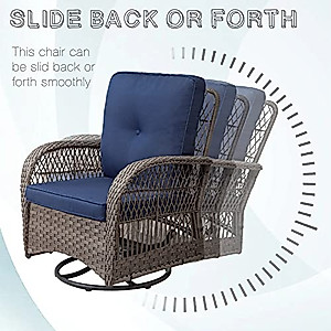 Joyside Patio Bistro Set - 3-Piece Patio Wicker Swivel Rocking Chair Set, Outdoor Patio Furniture Chair with Side Coffee Table & Durable Fabric Cushion(Brown/Blue)