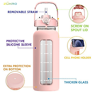 Zukro 64 oz Glass Water Bottle, Motivational Reusable Large Half Gallon Reusable Water Jug With Handle and Straw, Silicone Sleeve for Sport, Gym and Workout, Time Marker Reminder Quotes to Drink