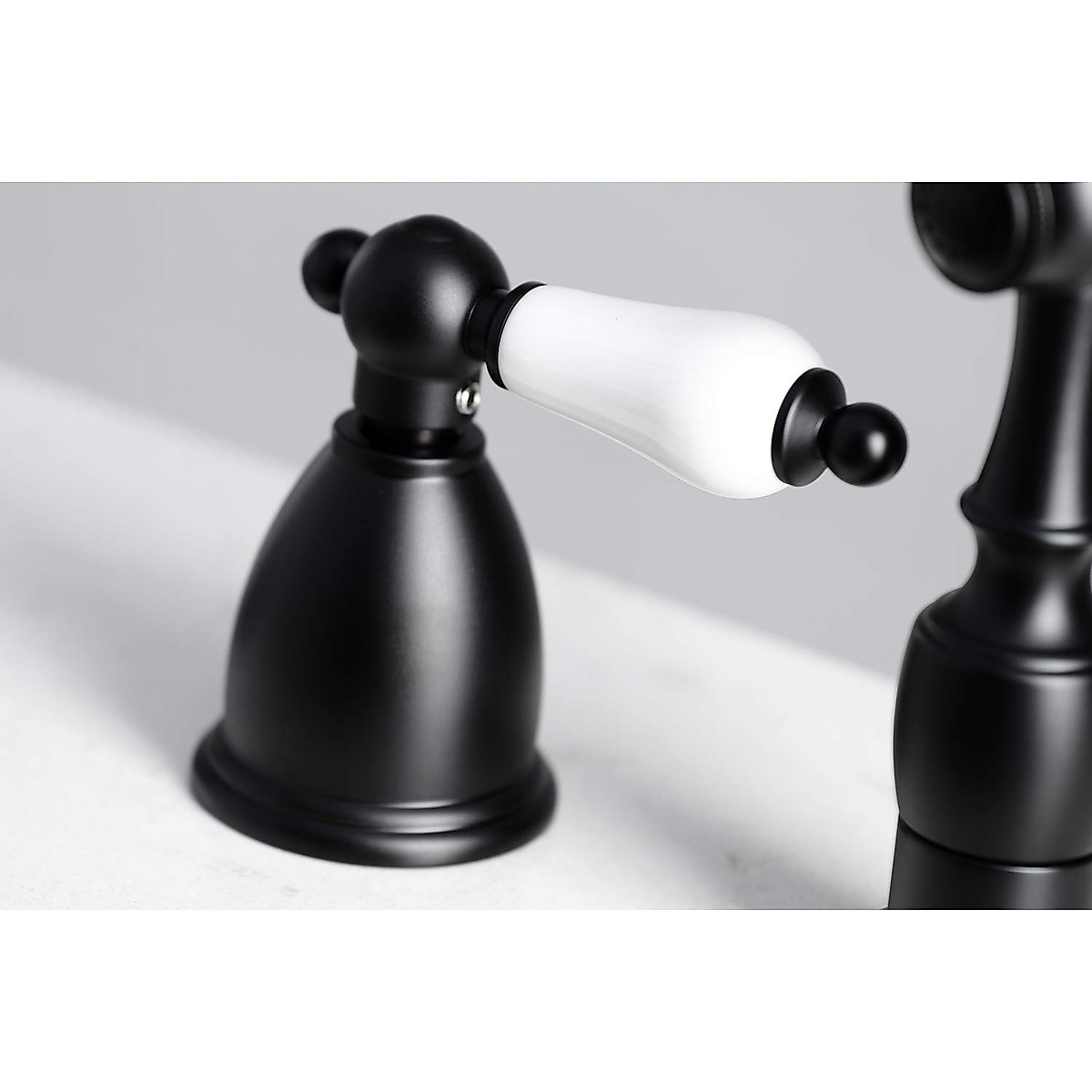 Kingston Brass KB1790PLBS Heritage Widespread Kitchen Faucet with Brass Sprayer, Matte Black