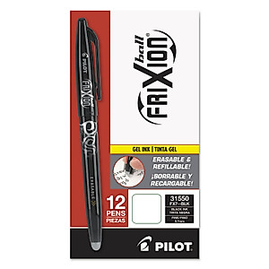 Pilot 31550 FRIXION BALL ERASABLE STICK GEL PEN, FINE 0.7MM, BLACK INK, BLACK BARREL