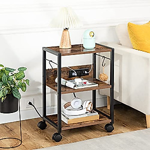 ALLOSWELL 3-Tier Mobile Printer Stand, Rolling Cart with Power Outlets and USB Ports, Industrial Printer Cart, Home Utility Storage Rack with 2 Hooks, for Office, Living Room, Rustic Brown PTHR40E01
