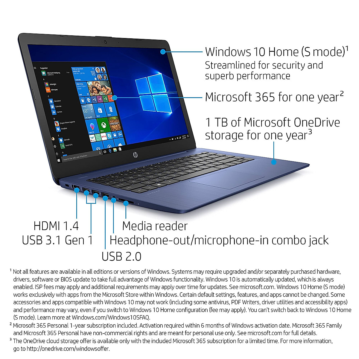 HP Stream 14-inch Laptop, Intel Celeron N4000, 4 GB RAM, 64 GB eMMC, Windows 10 Home in S Mode With Office 365 Personal For 1 Year (14-cb185nr, Royal Blue)