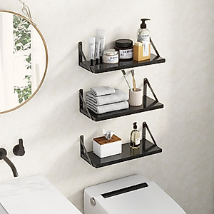 Fun Memories Black Floating Shelves Set of 3, Wooden Wall Book Shelves, Wall Mounted Bathroom Shelves, Modern Storage Shelf Bathroom Organizer, Living Room, Kitchen, Office (16.5 inches Long)