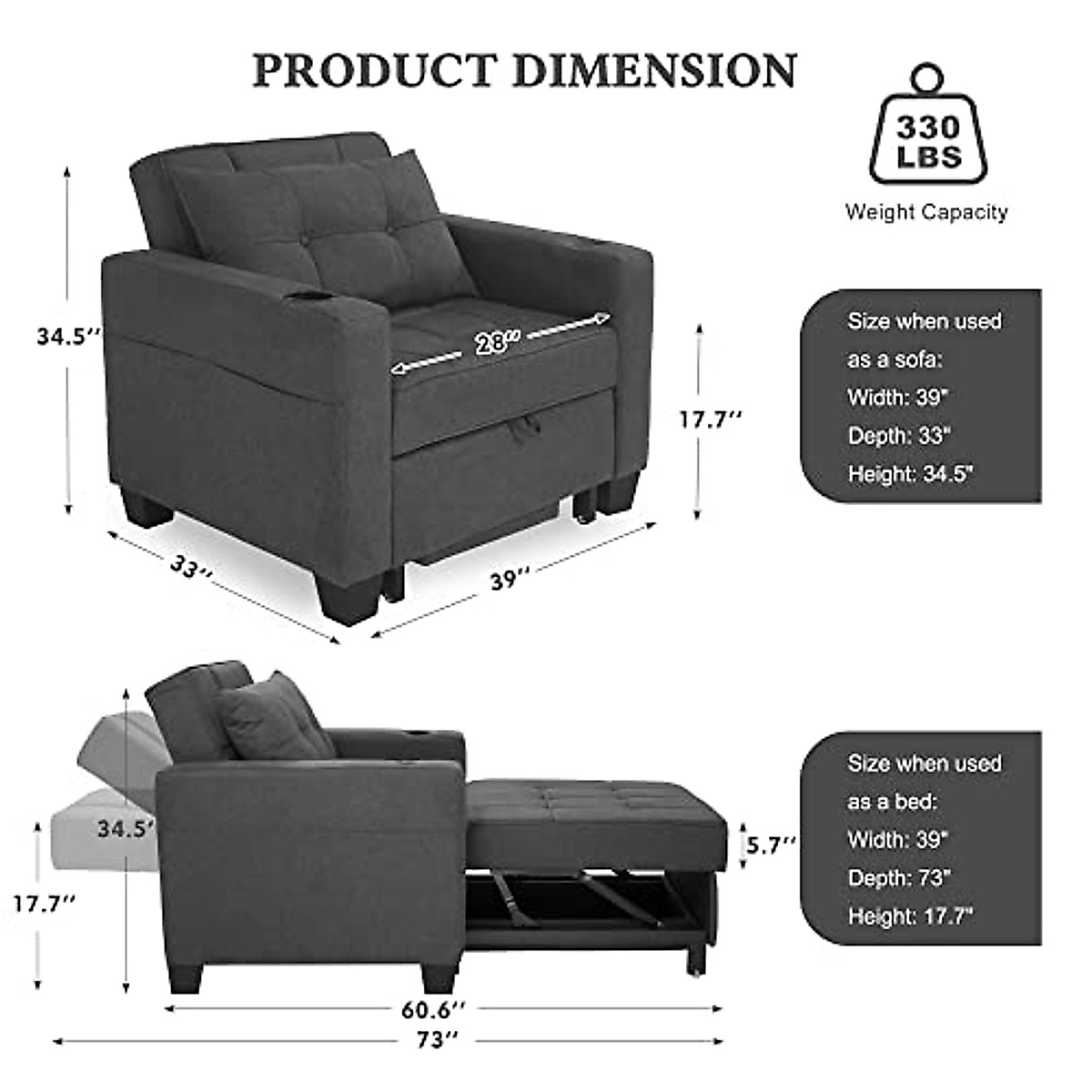 DURASPACE Futon Sofa Bed, 3 in 1 Convertible Sofa Chair Bed, Adjustable Backrest Chair, Chaise Lounge with USB Ports, Cup Holder, Side Pocket, Storage Box for Living Room (Dark Gray Linen)