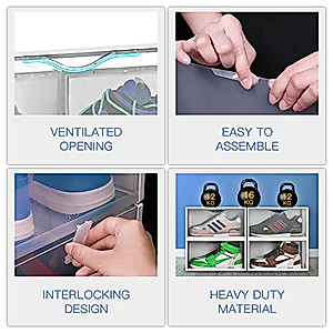 Shoe Box, 12 Pack X-Large Shoe Storage Boxes Clear Plastic Stackable, Transparent Shoe Organizer, Side Profile Shoe Containers for Sneaker Display, Easy Assembly, Shoe Holder Fit for US Size 12