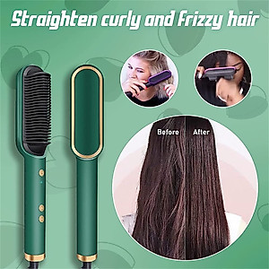 2023 Negative Ion Hair Straightener Styling Comb,5 Temp Settings 2 in 1 Hair Straightener Brush and Curler,Portable Electric Straightening Comb Heated Hair Brush,for Home Travel Salon (Green)