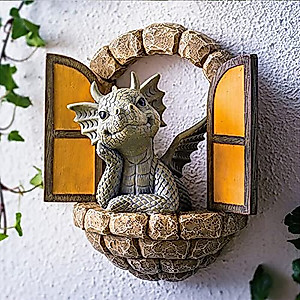 Eita Courtyard Dragon Carving Ornament Dragon Gate Statue Resin Garden Dragon Statue Dragon Meditating by The Window Garden Dragon Sculpture Decorative Dragon (Happy Dragon No. 2)