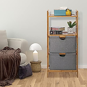 BIGTREE 4 Tiered Fabric Dresser Storage Tower with 2 Linen-Like Design Drawer, Made of Natural Bamboo and Imitation Linen Organizer Unit for Living Rooms, bedrooms, hallways, entrances, Closets, etc