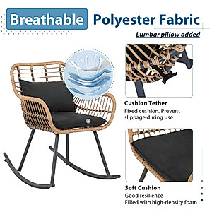 JOIVI 3 Piece Outdoor Rocking Chair Set, PE Wicker Patio Porch Furniture Set, Rocking Bistro Conversation Set with Glass Coffee Table and Black Cushions for Balcony, Garden, Front Porch, Indoor