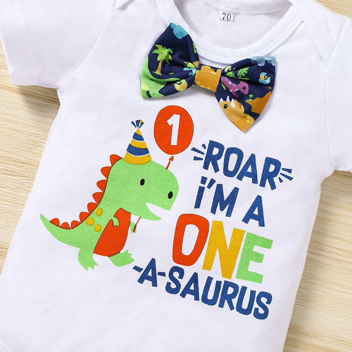 Baby Boys Cake Smash Clothes Dinosaur Romper Diaper Suspenders Pants 3PCS Set First Birthday Outfit for Photo Prop Party Saurus 12-18 Months