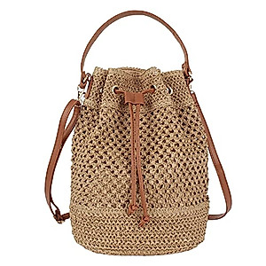 Women Small Hollow Out Straw Woven Drawstring Crossbody Bag Top-handle Bag Bucket Bag
