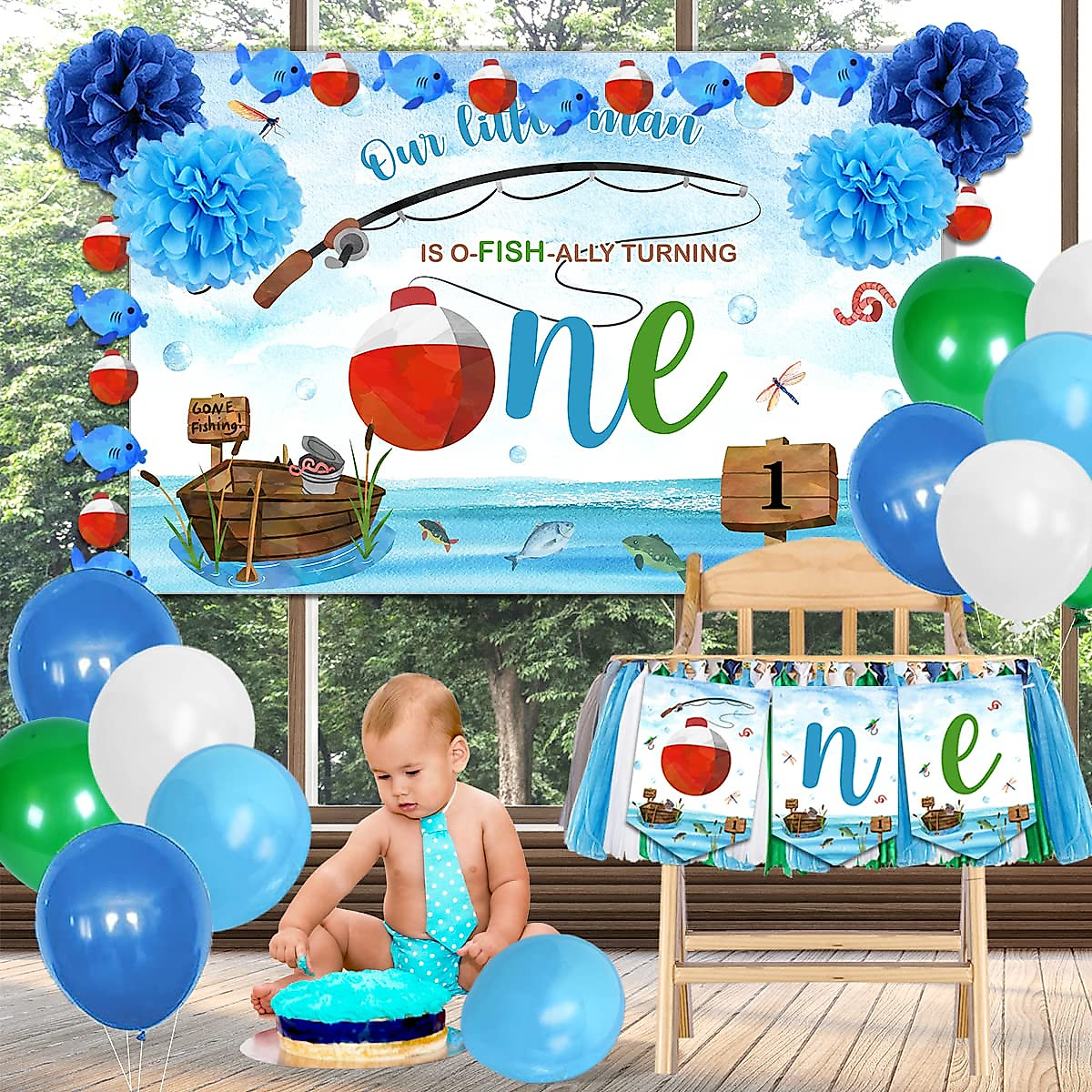 O Fishally One First Birthday Decorations,Gone Fishing Party Supplies Include Fish Bobber Banner,Our Little Man Is Ofishally Turning One Backdrop Balloons for Baby Boy 1st Birthday Supplies