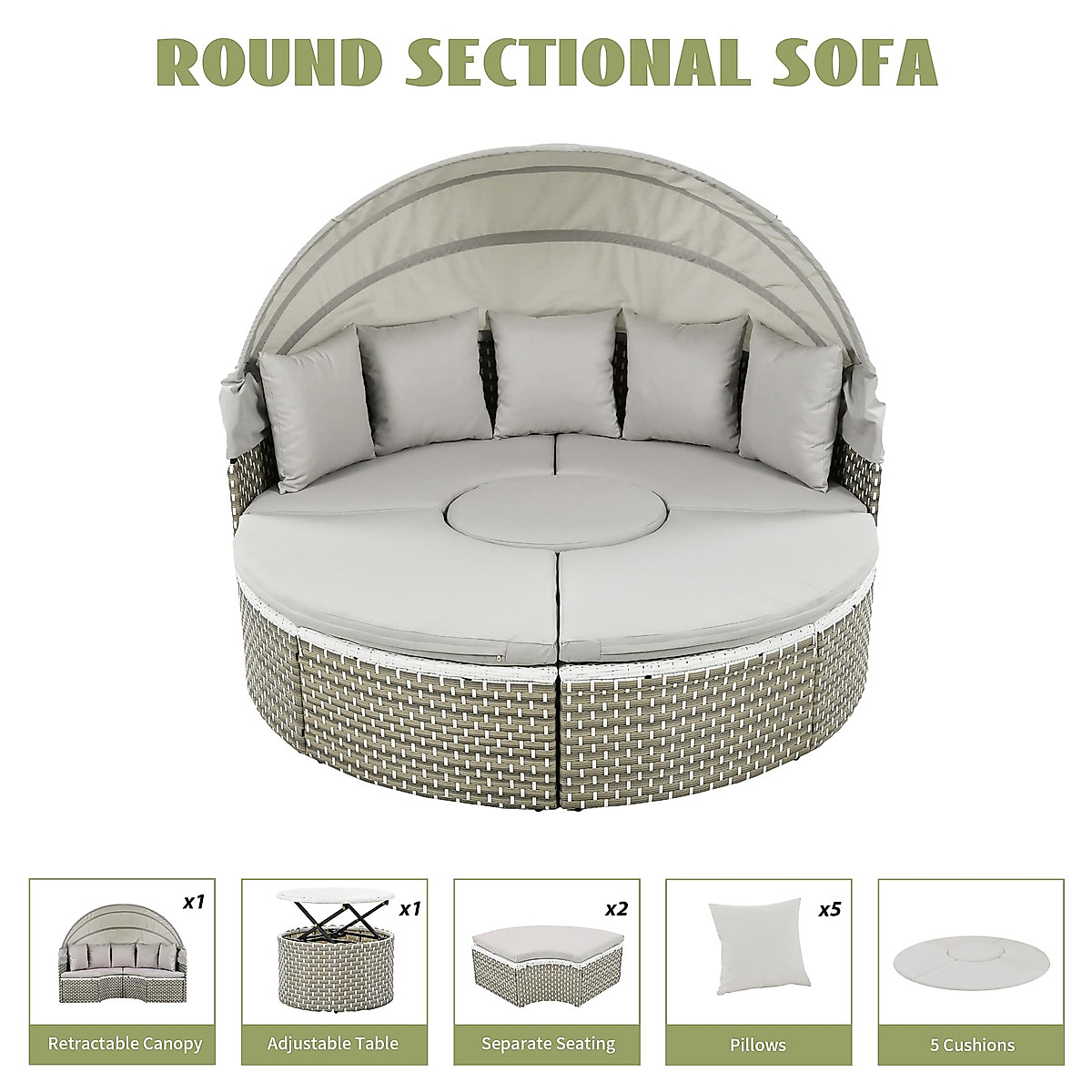 Merax Patio Conversation Set, 5-Piece Outdoor Furniture Round Sectional Sofa Set Rattan Daybed Two-Tone Weave Sunbed with Retractable Canopy, Gray