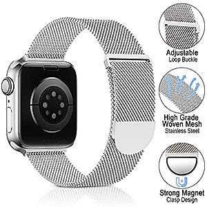 Sunnywoo Metal Stainless Steel Band Compatible with Apple Watch Bands 38mm 40mm 41mm 42mm 44mm 45mm 49mm,Silver Loop Adjustable Magnetic Strap for iWatch Series Ultra 8 7 6 5 4 3 2 1 SE for Women Men