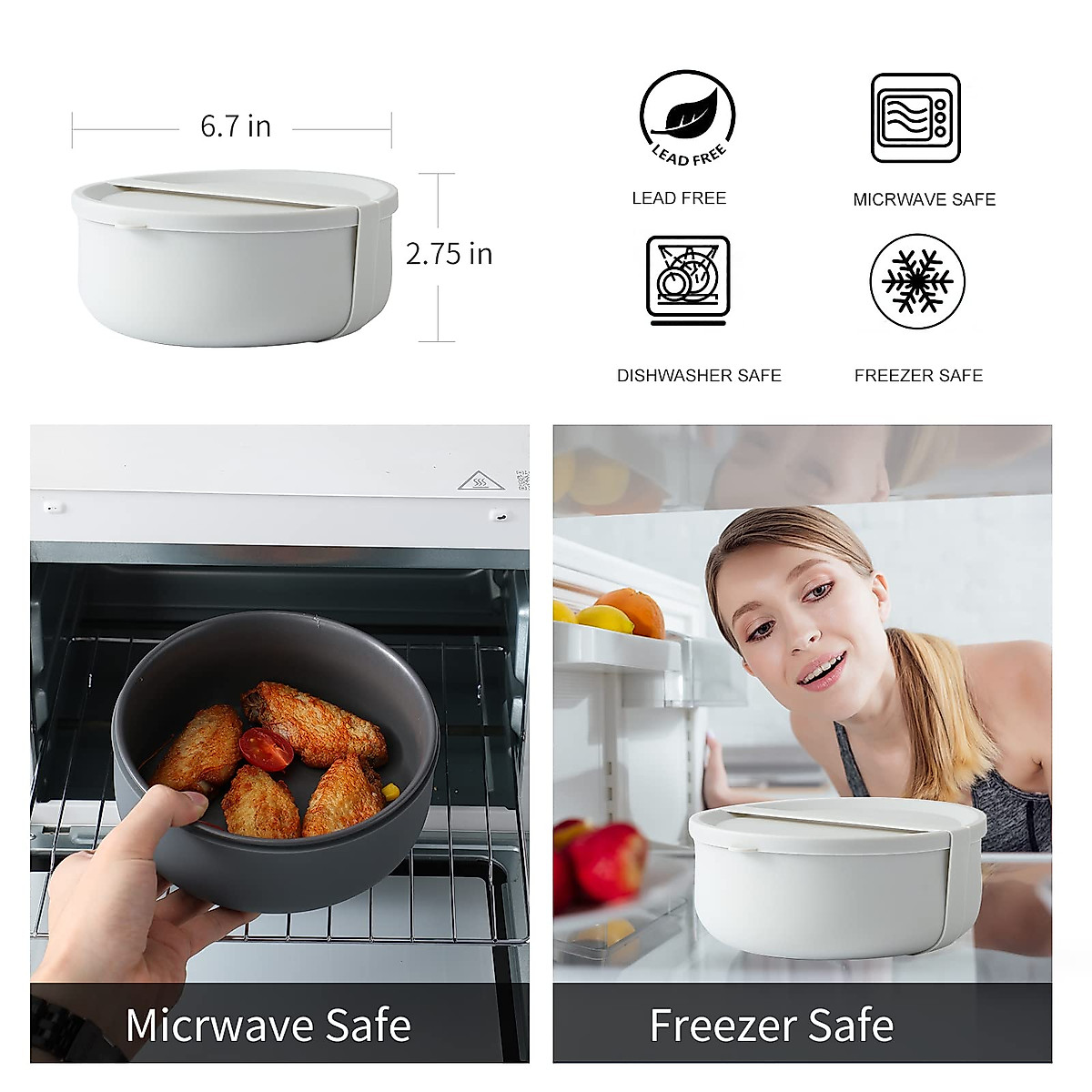 WALZION Ceramic Bowl Lunch Container with Lid,Protective Non-slip Exterior Snap-tight Silicone Strap, 22 oz，Food Storage, Bento Box, Meal Prep，Dishwasher Microwave Safe (light grey)