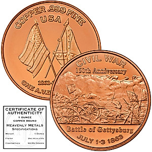 Battle of Gettysburg Civil War Commemorative 1 oz Pure .999 Copper Round Bullion Coin in Capsule - COA by Heavenly Metals