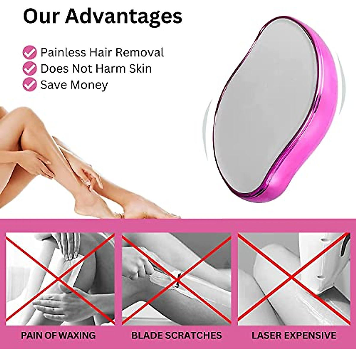 Crystal Hair Eraser | Reusable Exfoliation Flawless Magic Removal Stone for Men and Women Painless Remover Tool for Back, Arms, and Legs Washable and Portable Shaving Epilator for Smooth Skin Pink
