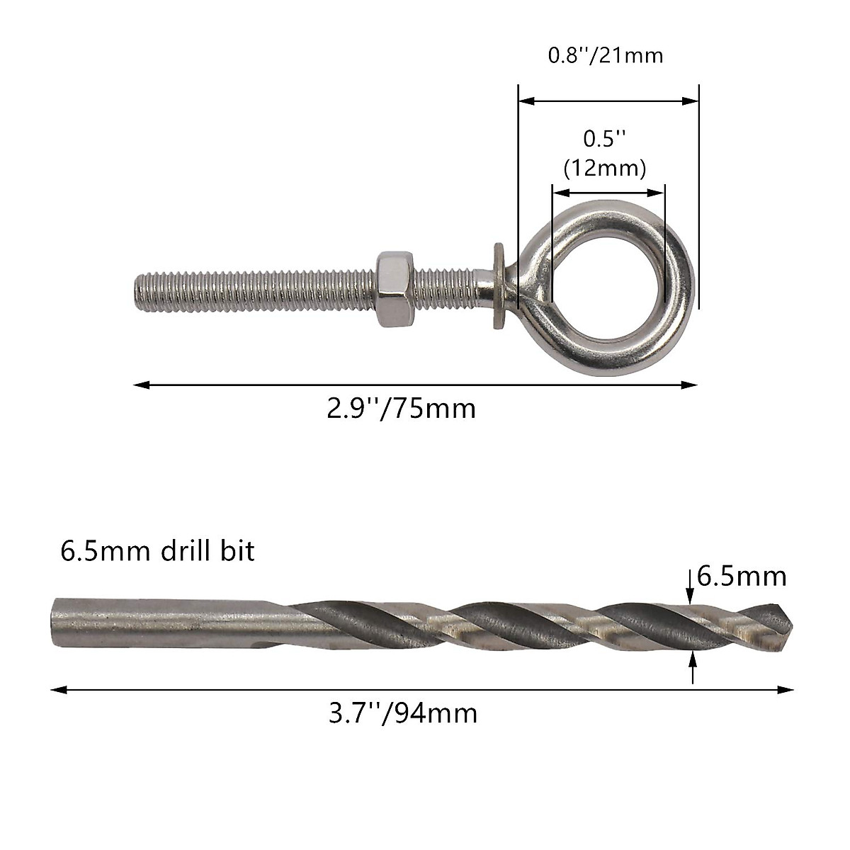 YaeCCC 5 Pack Stainless Steel T316 Shoulder Eye Bolts 1/4" x 3", Heavy Duty Eyebolts with 1 pc Drill bit