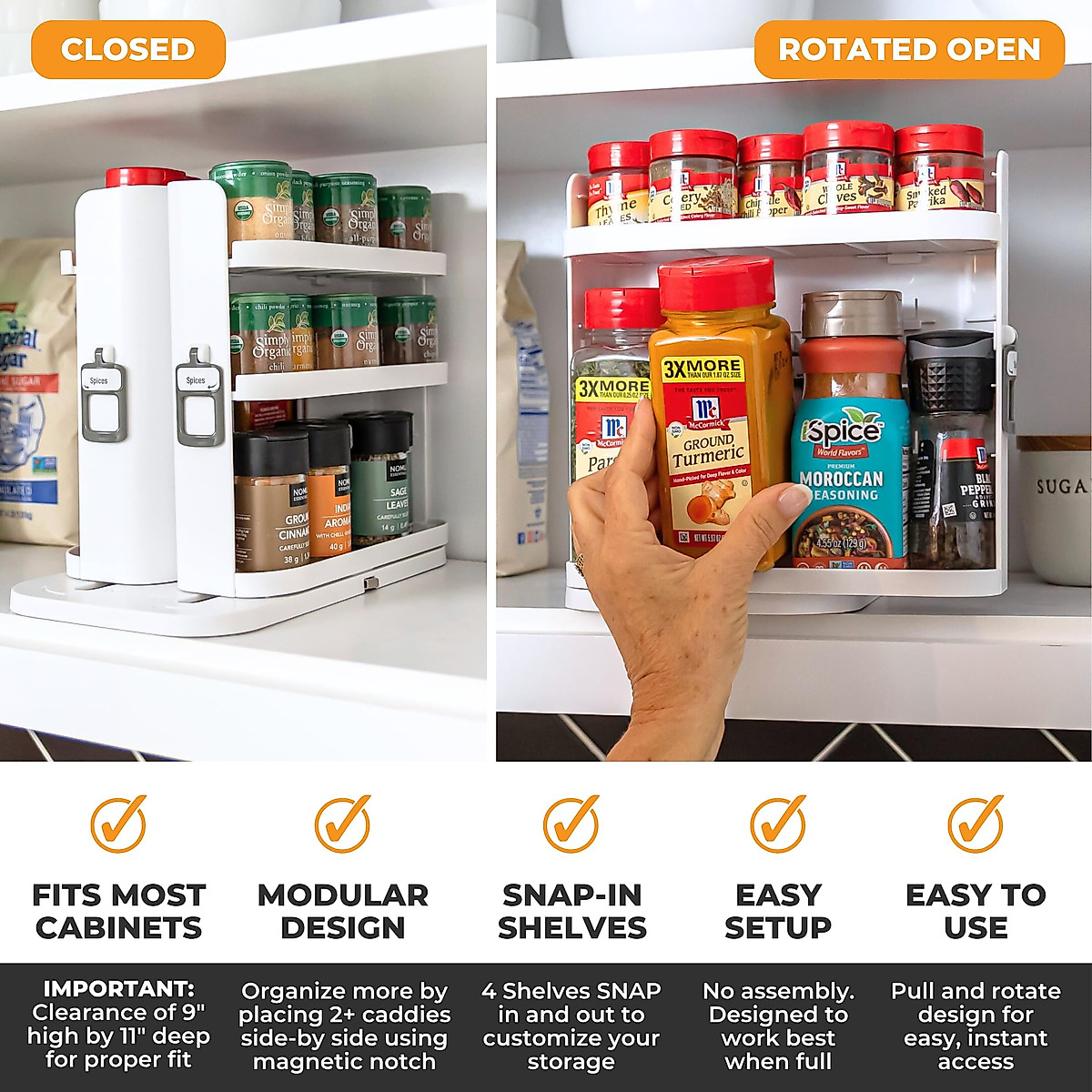 Cabinet Caddy SNAP! (White | Pull & Rotate Spice Rack Organizer| 3 Snap-In Shelves Adjust for 5 Levels of Storage | Magnetic Modular Design | Non-Skid Base | 8.9”H x 6.1”W x 10.8”D