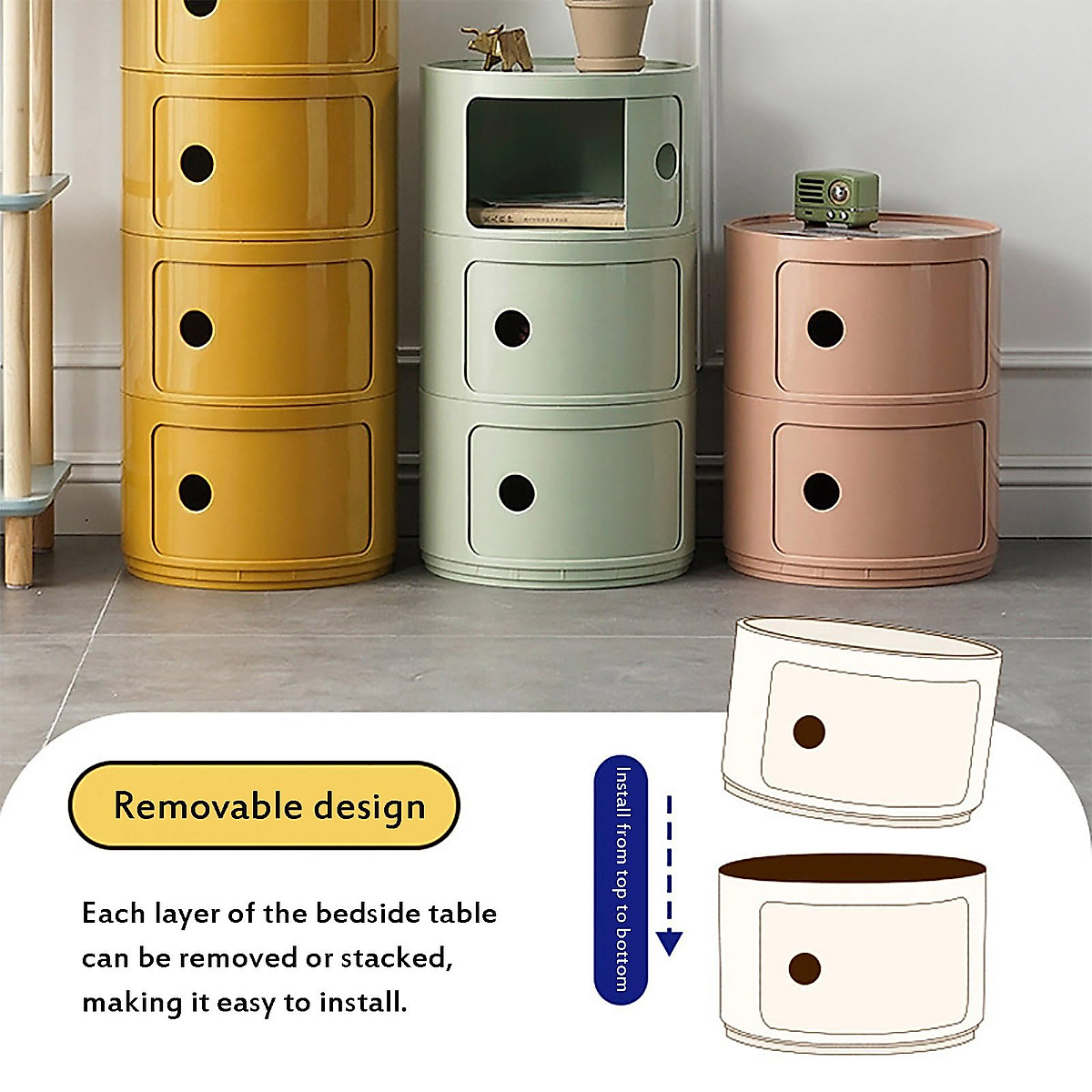 Round Nightstand with Drawers,Small Bedside Table with Storage,Round Storage Cabinet with Sliding Door,Modern End Table Side Table,Plastic Bedside Table Chest for Living Room Bedroom Bathroom