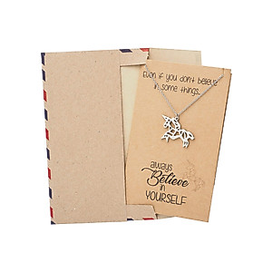 quan jewelry Handmade Origami Unicorn Pendant Necklace, Animal Jewelry Graduation Gifts for Women & Men with Inspirational Greeting Card, Adjustable 16" to 18" - Handcrafted