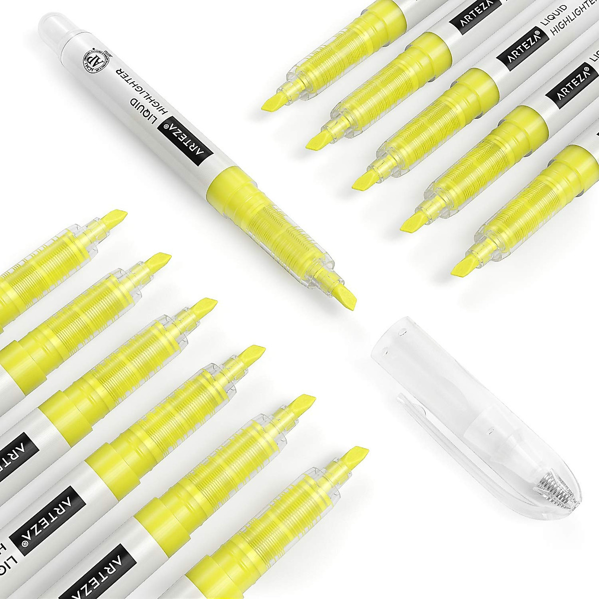 ARTEZA Liquid Highlighter Pens, Set of 12, Narrow Chisel Tip, Bulk Pack of Yellow Highlighters, Office Supplies for Bullet Journal, Notes, or Books