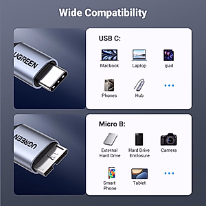 UGREEN 10 Gbps Micro B to USB C Hard Drive Cables, 1.5FT USB C to Micro B, External Hard Drive Cable Compatible with MacBook Pro/Air, iPad/Tablet, iPhone, Samsung Galaxy S24, WD Seagate etc