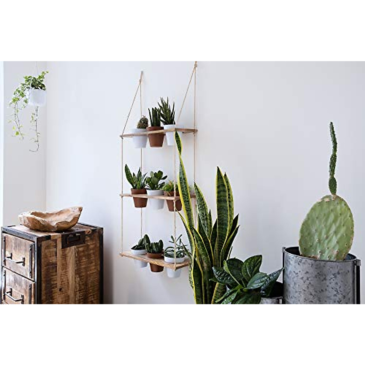 kimisty Wall Hanging Herb Planters, 3 Tiered Vertical Planter Shelf with Metal Pot Set, Indoor Garden, Wood Herb Garden for Kitchen, Vertical Hanging Planters Wall Hanging - Terracotta & White Pots
