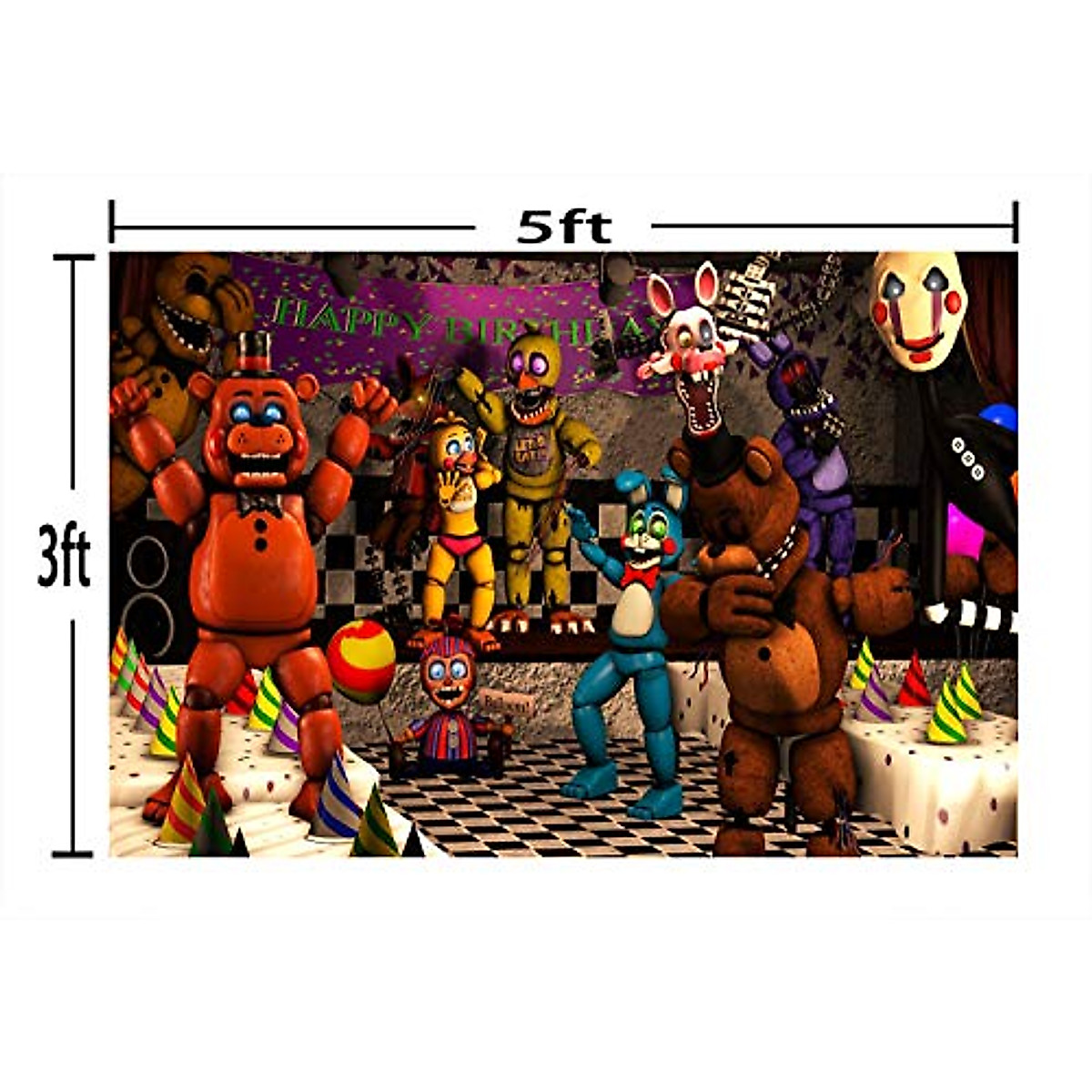 Birthday Party Supplies, Five Nights at Freddy Includes Banner, Tablecloth, Cake Topper - 24 Cupcake Toppers - 20 Balloons and Backdrop