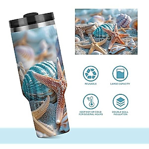 FRCSDIY Seaside Shells Insulated Tumbler with Handle and Straw Lid,40oz Leakproof Stainless Steel Cup BPA-Free Water Bottle