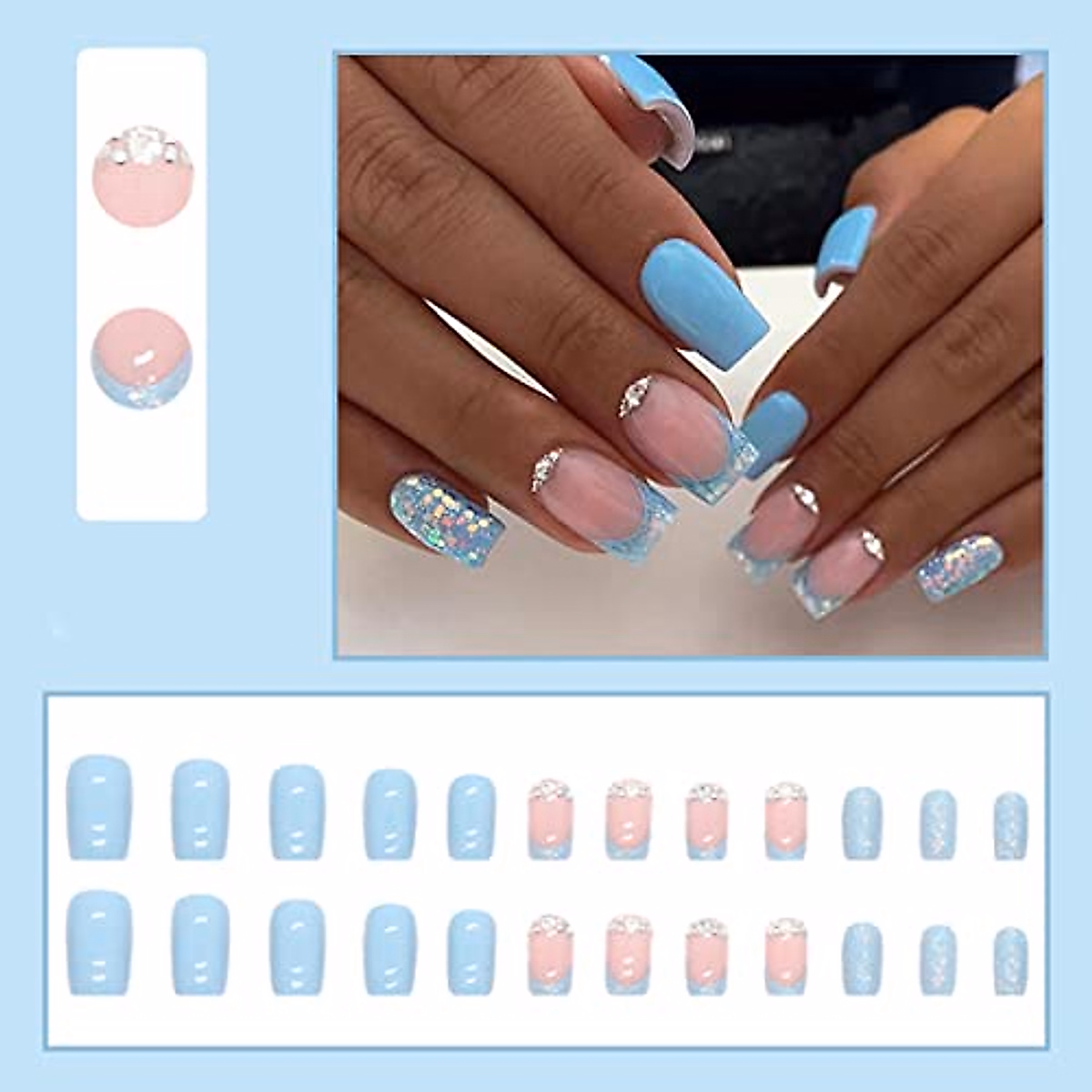 24 Pcs Square Press on Nails Short Fake Nails Blue Glittering Sequins with Rhinestones Exquisite Design Glossy Glue on Nails Full Cover French Tip False Nails Acrylic Nails for Women Girls Daily Wear