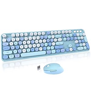 MoMoOne Wireless Computer Keyboards Mouse Combos Set, Colored Retro Round Keycaps, Colorful QWERTY Typewriter Full Size Keyboards, 2.4GHz USB Receiver Connection(Blue-Colorful)