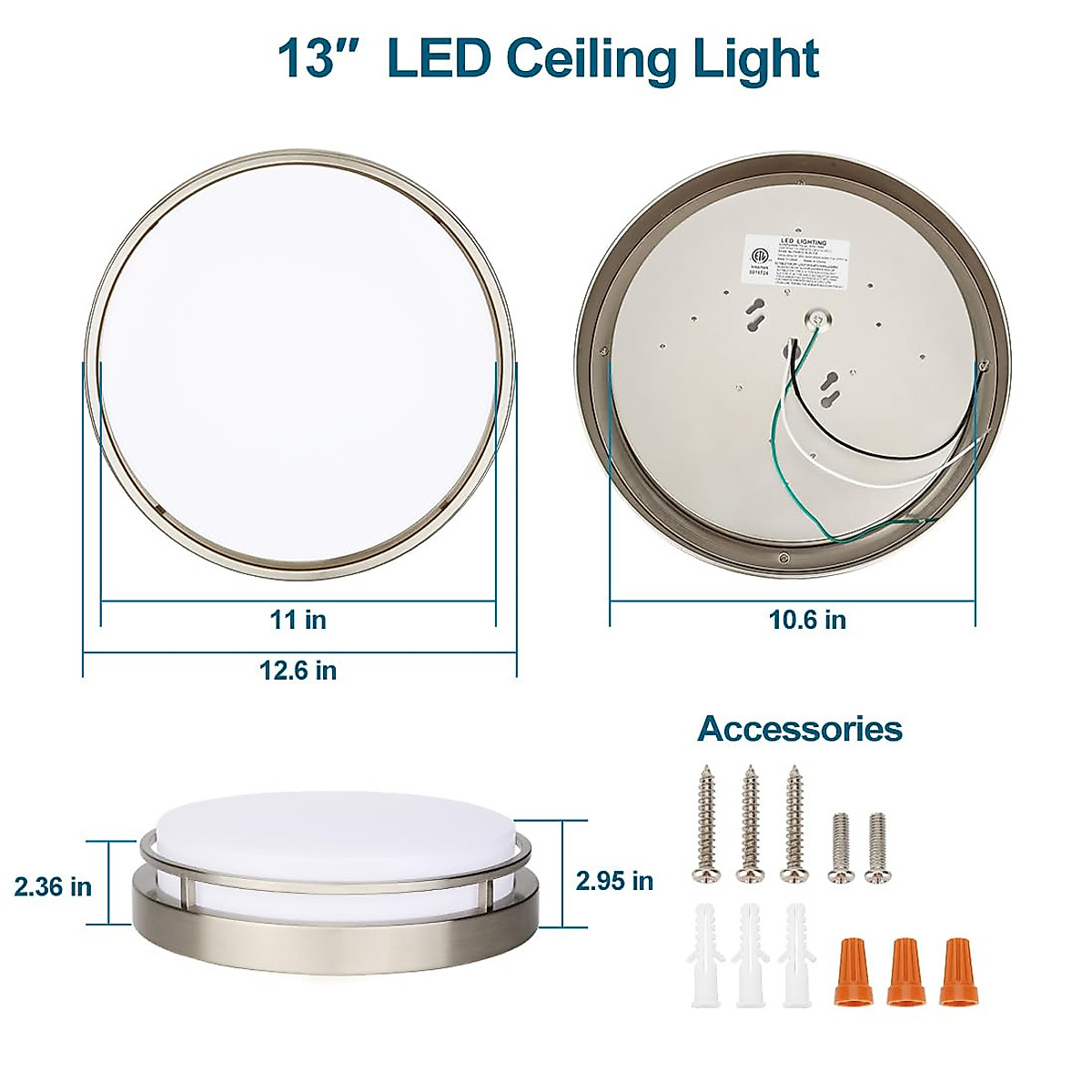 Xbuyee 2Pack LED Flush Mount Ceiling Light Fixture 13 Inch 20W, On/Off Switch 3000/4000/5000K Color Selectable, Dimmable Ceiling Lamp for Kitchen, Hallway, Stairwell, Brushed Nickel, ETL