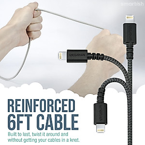 Smartish USB-C/Lightning Cable for iPhone 16/15/14 - Crown Joule - 6Foot Universal Fast Fabric Wrapped Charging Cable w/Micro-USB - Apple MFi Certified for iPhone 13/12/SE/iPad/AirPods/Android - Black