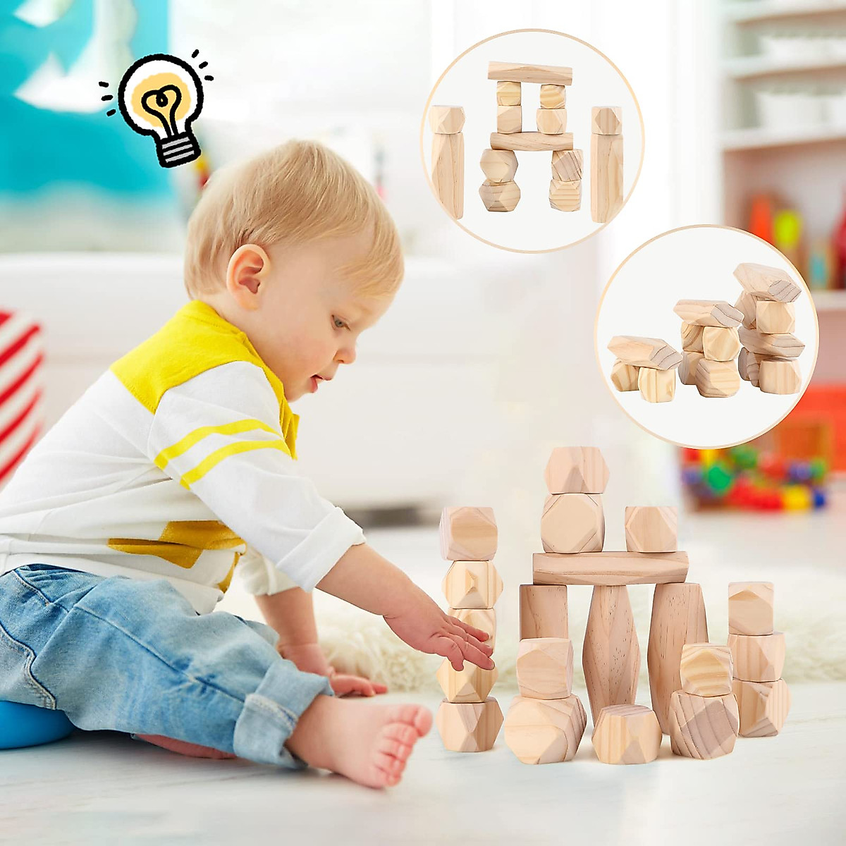 FOPNETS Wooden Sorting Stacking Balancing Stones 20 PCS Natural Wood Rock Set Educational Preschool Learning Toys Large Small Building Blocks Game Stones Lightweight Set for Kids 3 Years Old