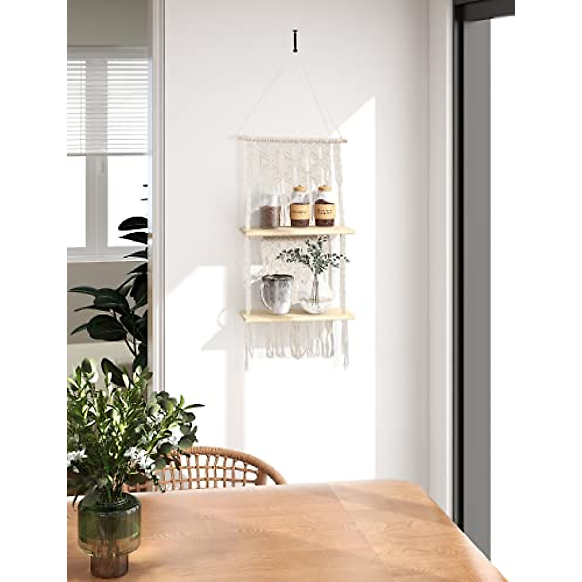 SUMGAR Macrame Wall Hanging Shelves 2 Tier - Boho Hanging Plant Shelf for Wall, Wood Color Woven Rope Floating Shelf, Boho Shelf Window, Bedroom, Bathroom Indoor Wall for Mother's Day, Birthday