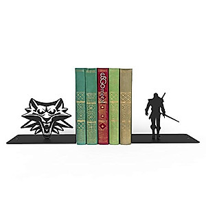 Witcher and Wolf, Bookends for Shelves, Book Ends for Office, Modern Bookends for Desk and Bookshelves, Metal bookends, Heavy Duty Metal Black Bookend Support, Creative Book Ends.