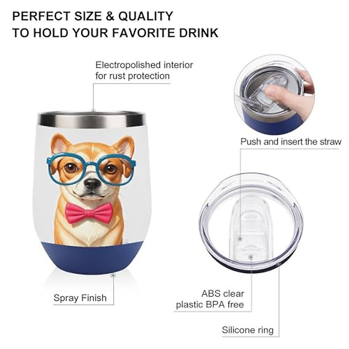 OPTKSNCU 304 Stainless Steel Insulated Cup with Lid, Pet Dog Soft Bow Tie, Oversized Glasses Print Durable, And Easy to Clean – Ideal for Home, Office, And Gift Giving