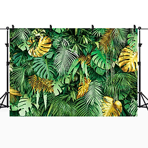 Riyidecor Jungle Green Tropical Palm Leaves Backdrop Polyester Fabric Golden Leaf Plants Safari Nature Summer Hawaiian 7Wx5H Feet Photography Background for Birthday Baby Shower Photo Studio Shoot