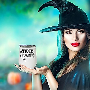 Halloween Tumbler Stemless Wine Glass – 12Oz Wine Tumbler with Straw– Cute Spider Insulated Steel Tumblers Halloween Cup – Spill-Proof, Reusable Halloween Mugs (Modern White - Spider Cider)