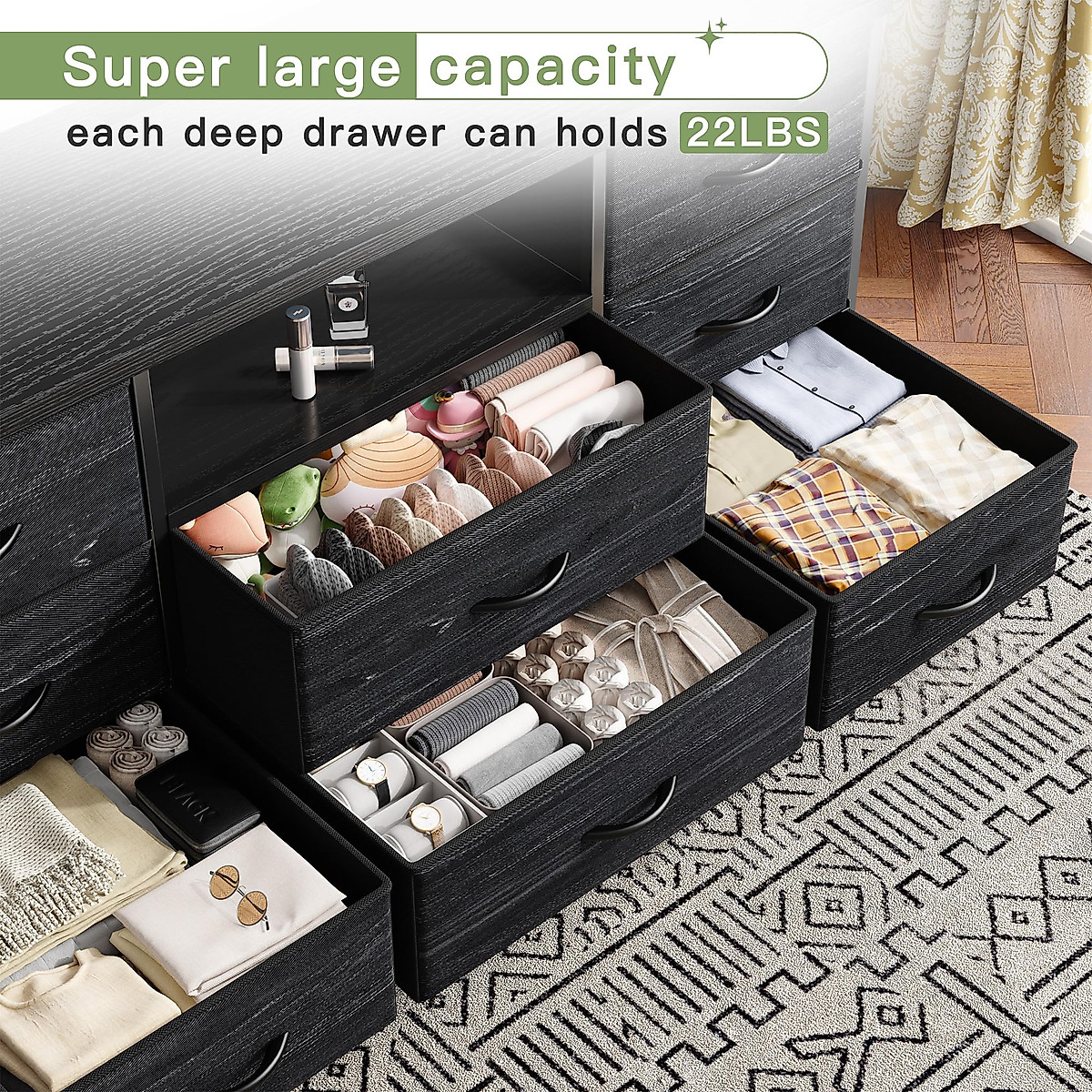 EnHomee Black Dresser with Power Outlets, 8 Drawers Dresser TV Stand for 55''TV for Bedroom Dresser Fabric Dressers & Chest of Drawers, Sturdy Dresser for Closet Living Room,Hallway